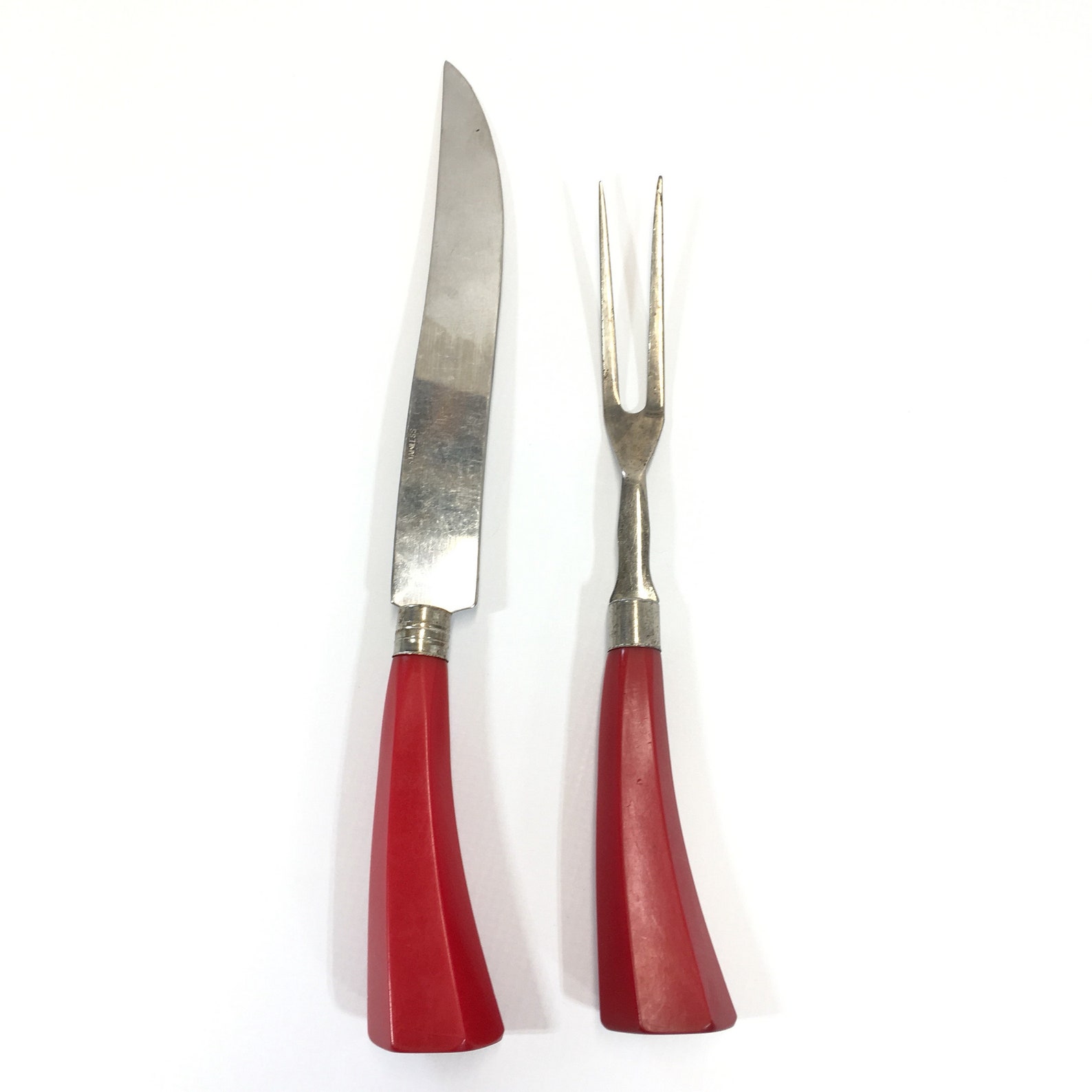 Vintage Chunky Red Bakelite Handle Carving Set Knife and Meat Fork ...