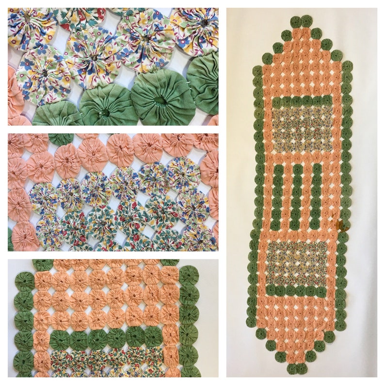 Vintage Hand Sewn Yo Yo Table Runner Dresser Scarf Peach Green - Etsy