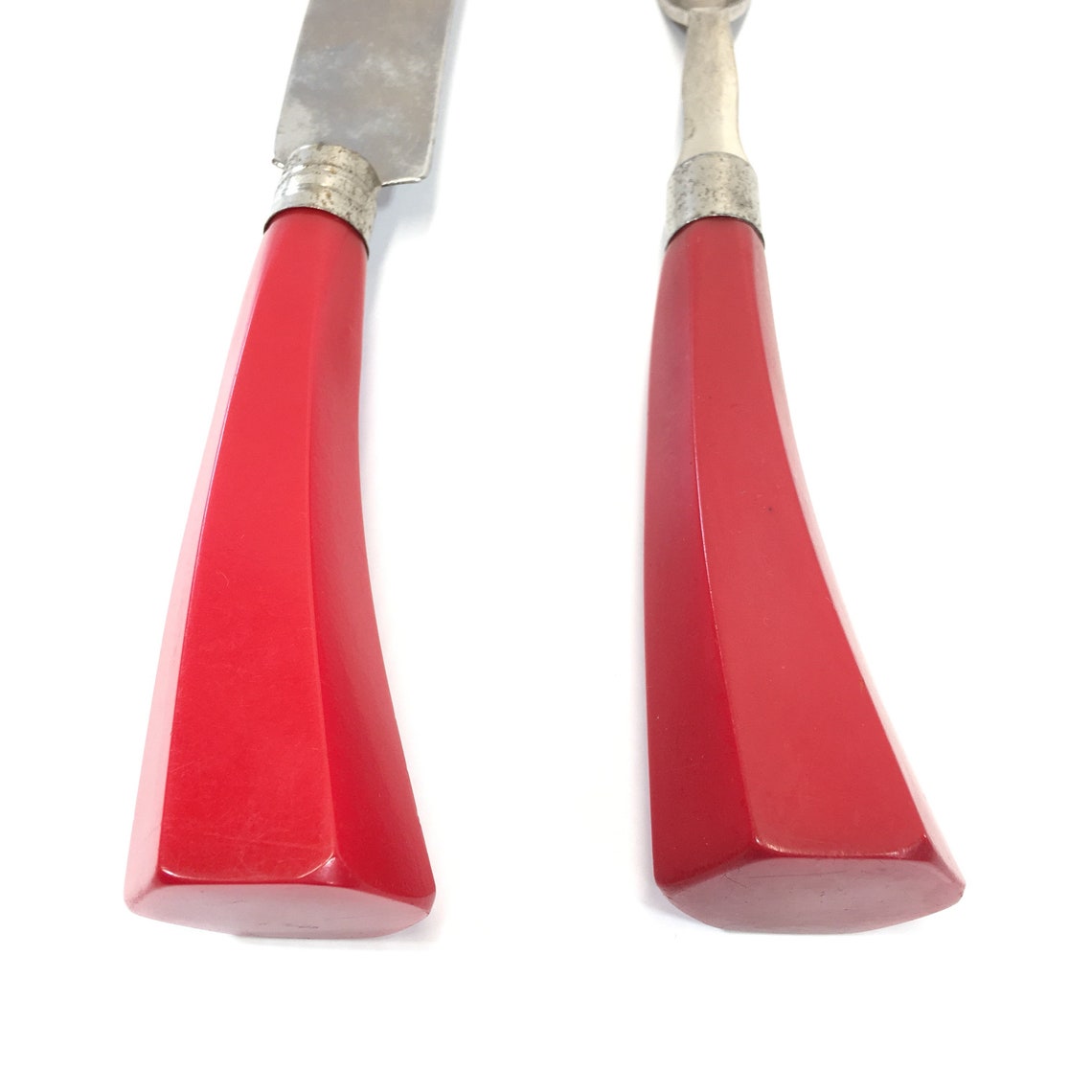 Vintage Chunky Red Bakelite Handle Carving Set Knife and Meat Fork ...