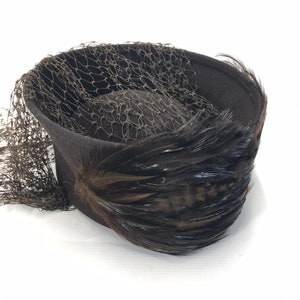 Vintage Tall Brown Felt Cossack Hat Feathers and Long Draped Netting ...