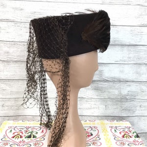 Vintage Tall Brown Felt Cossack Hat Feathers and Long Draped Netting ...