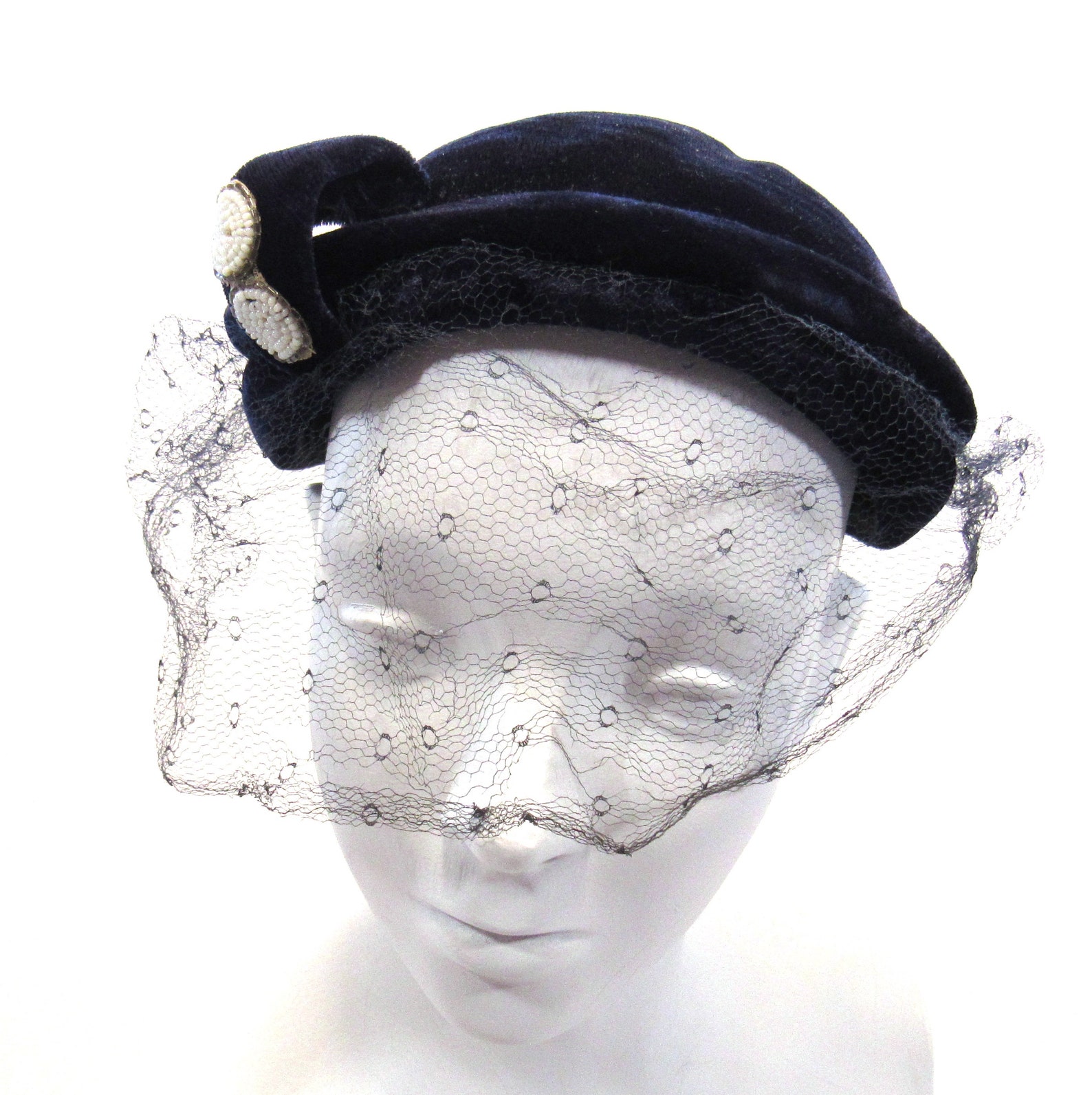 Vintage Blue Velvet Beaded Calot Hat With Netting Chaplet Curvette ...