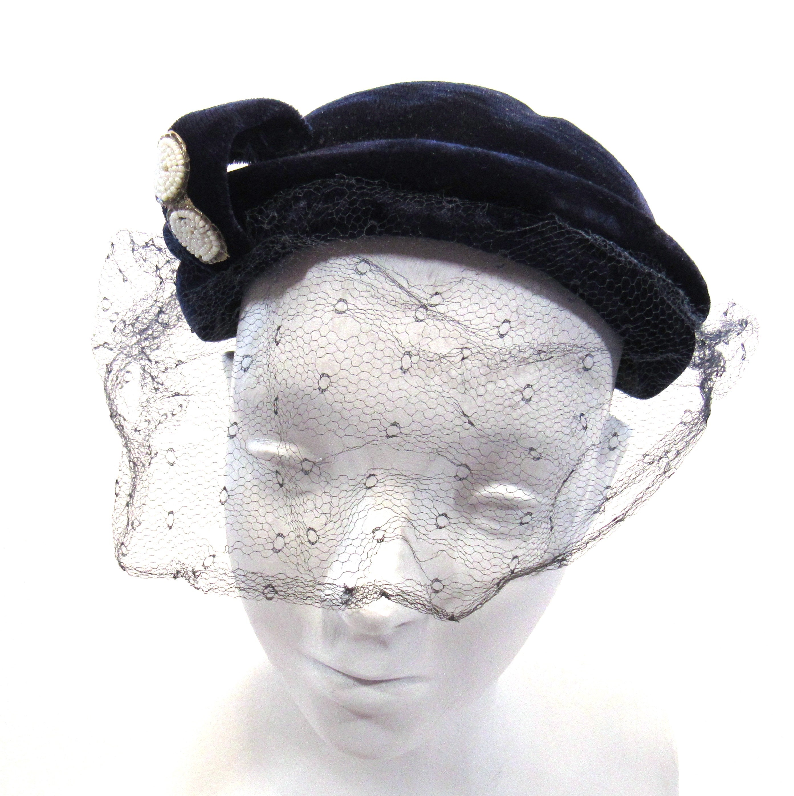 Vintage Blue Velvet Beaded Calot Hat With Netting Chaplet - Etsy