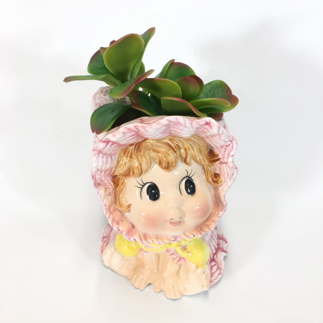 Vintage Big Eye Baby Girl Planter Kitsch Pink Knit Bonnet Nursery ...