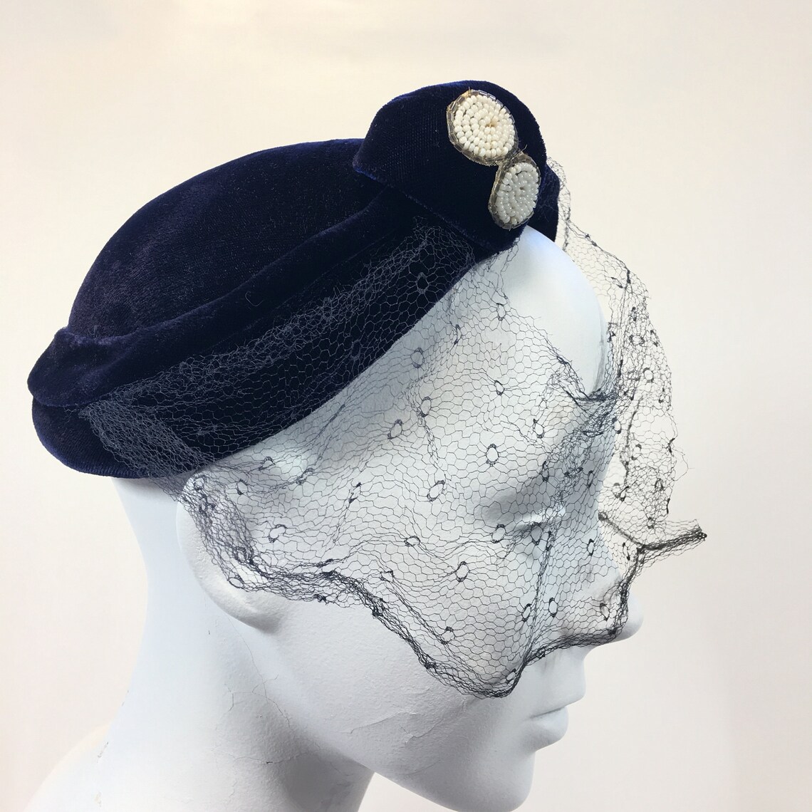 Vintage Blue Velvet Beaded Calot Hat With Netting Chaplet - Etsy