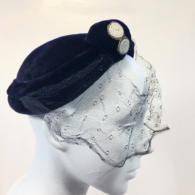 Vintage Blue Velvet Beaded Calot Hat With Netting Chaplet Curvette ...