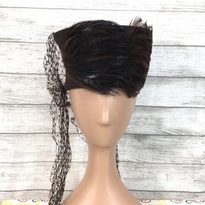Vintage Tall Brown Felt Cossack Hat Feathers and Long Draped Netting ...