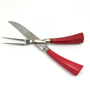 Vintage Chunky Red Bakelite Handle Carving Set Knife and Meat Fork ...