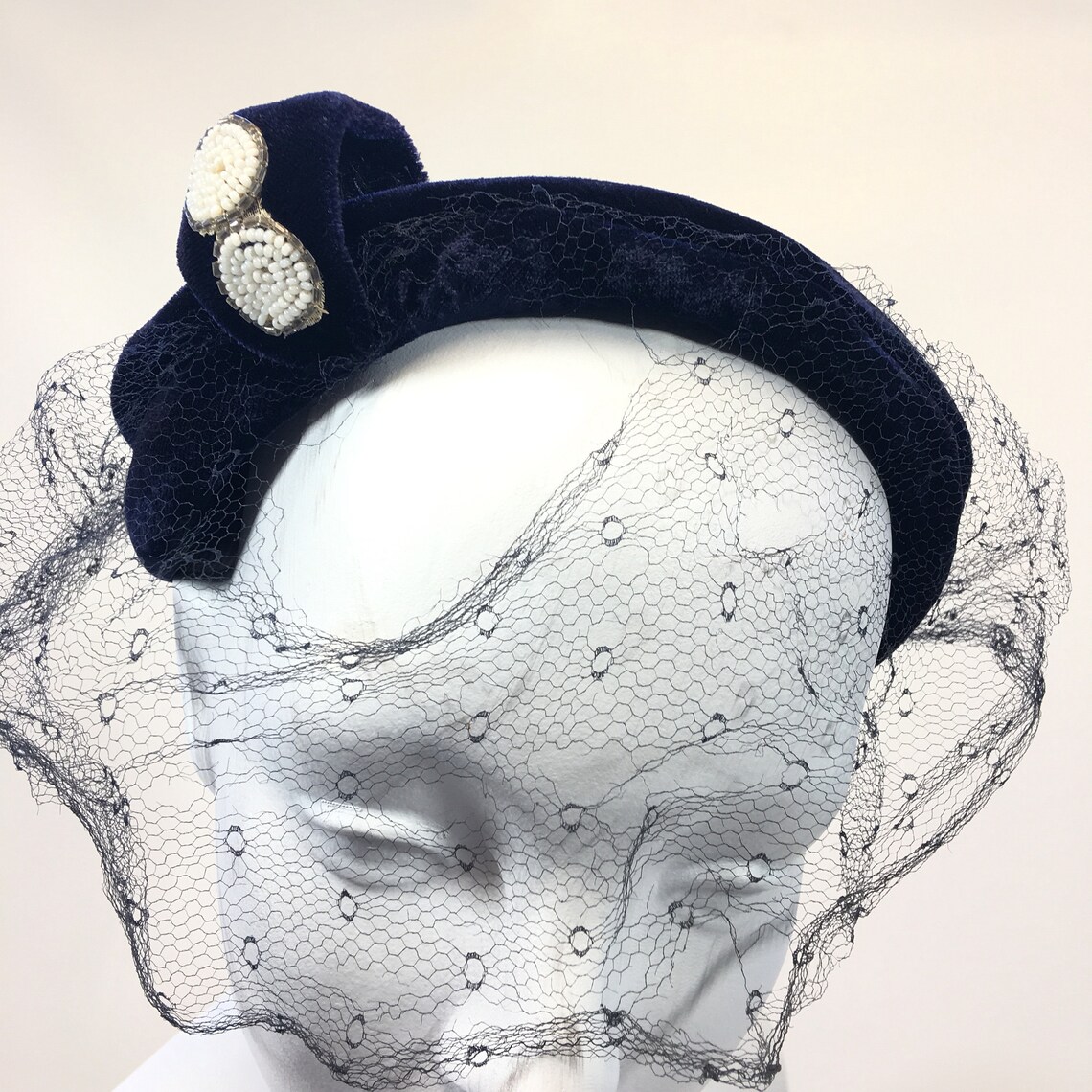 Vintage Blue Velvet Beaded Calot Hat With Netting Chaplet Curvette ...