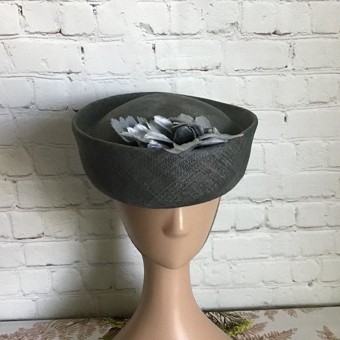 Vintage Gray Woven Pillbox Hat Silver Satin Velvet Flowers - Etsy