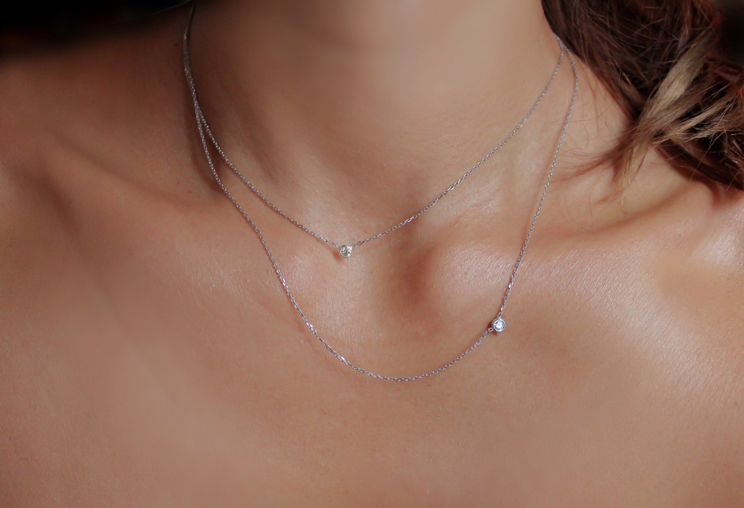 Delicate Sterling Silver Solitaire Diamond Necklace Set - Etsy