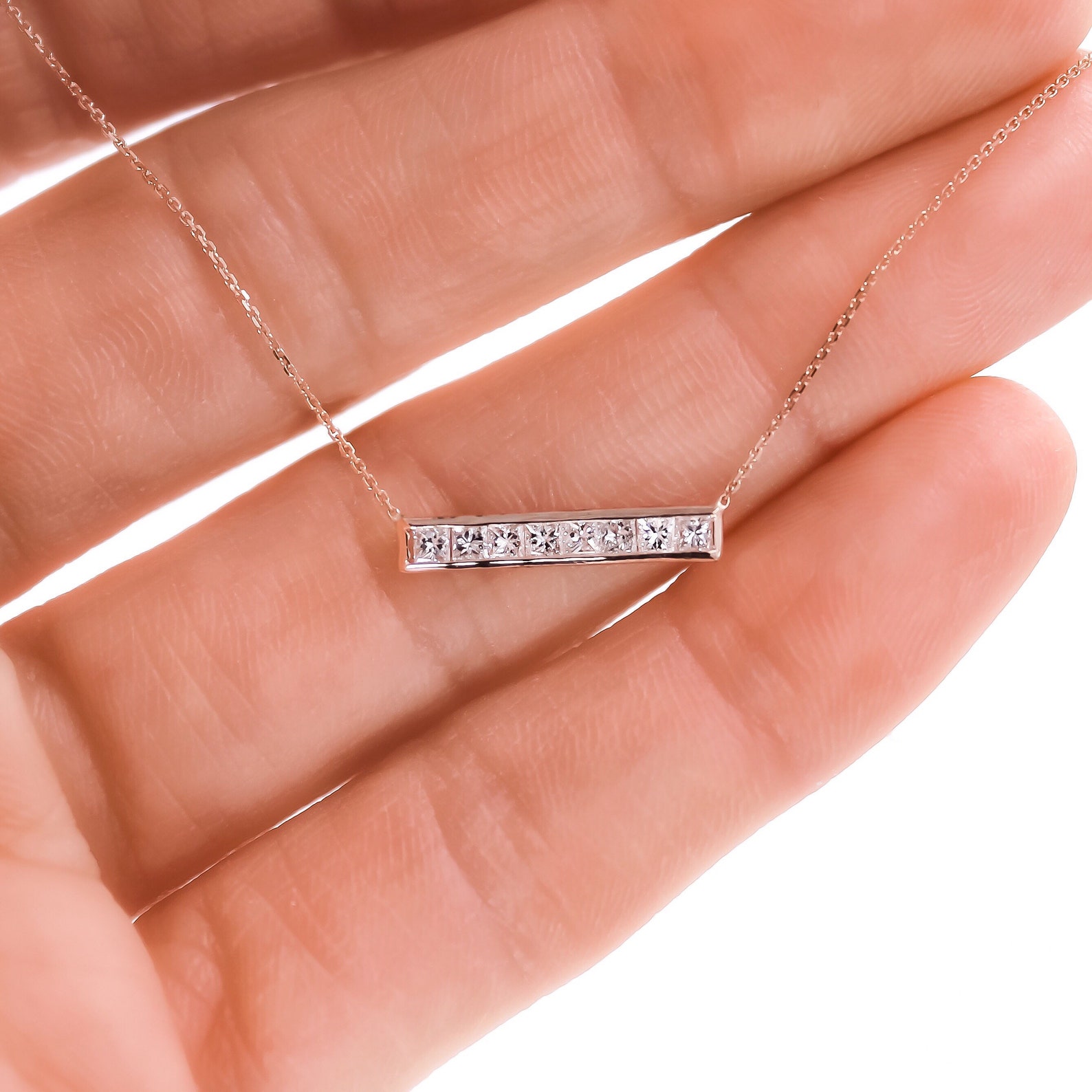 14k Gold Princess Cut Diamond Bar Necklace - Etsy