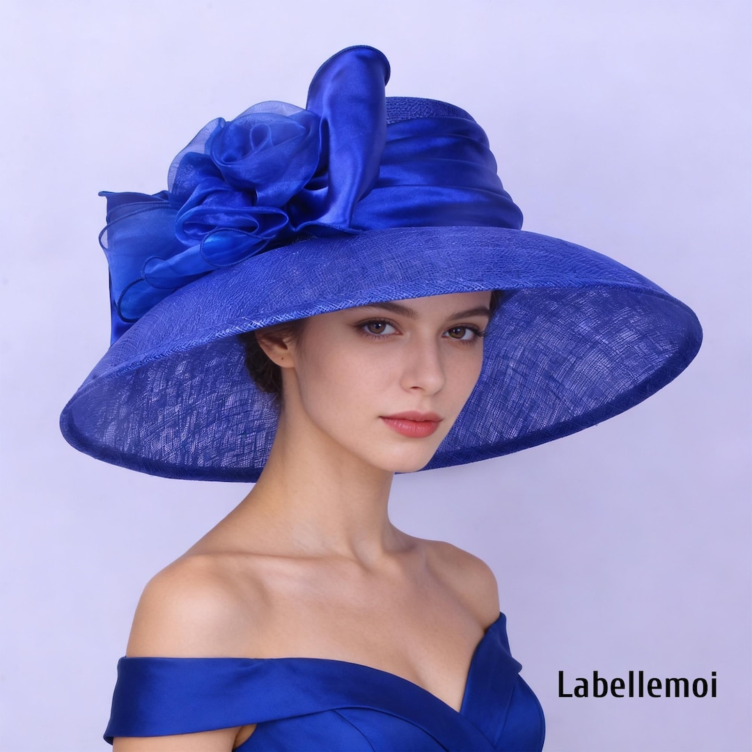 Large Cobalt Royal Blue Derby Hat With Handmade Flowers – Wedding ...