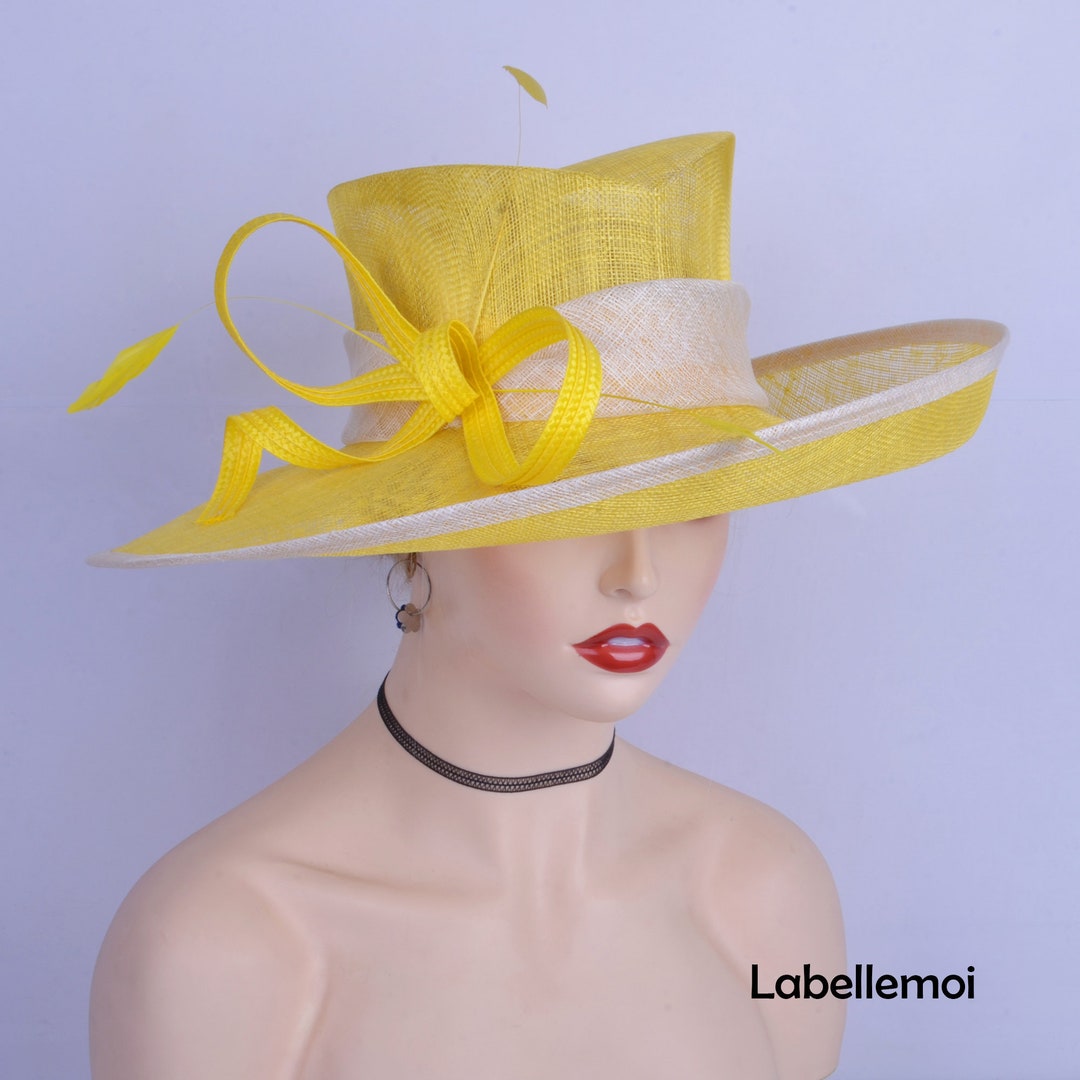 Elegant Yellow/white Sinamay Hat Large Kentucky Derby Hat Formal Dress ...