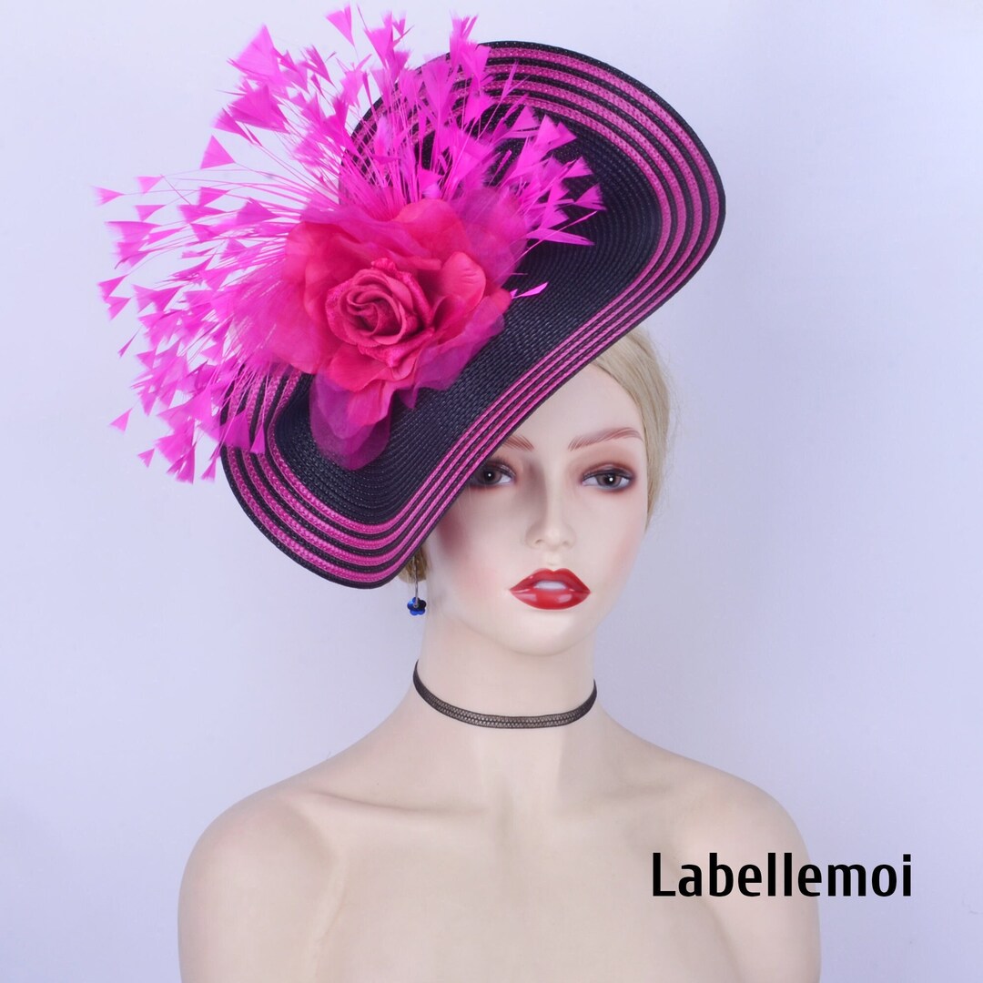 New Black/fuchsia Fascinator Hat Hot Pink Disc Saucer Hatinator Stripe ...