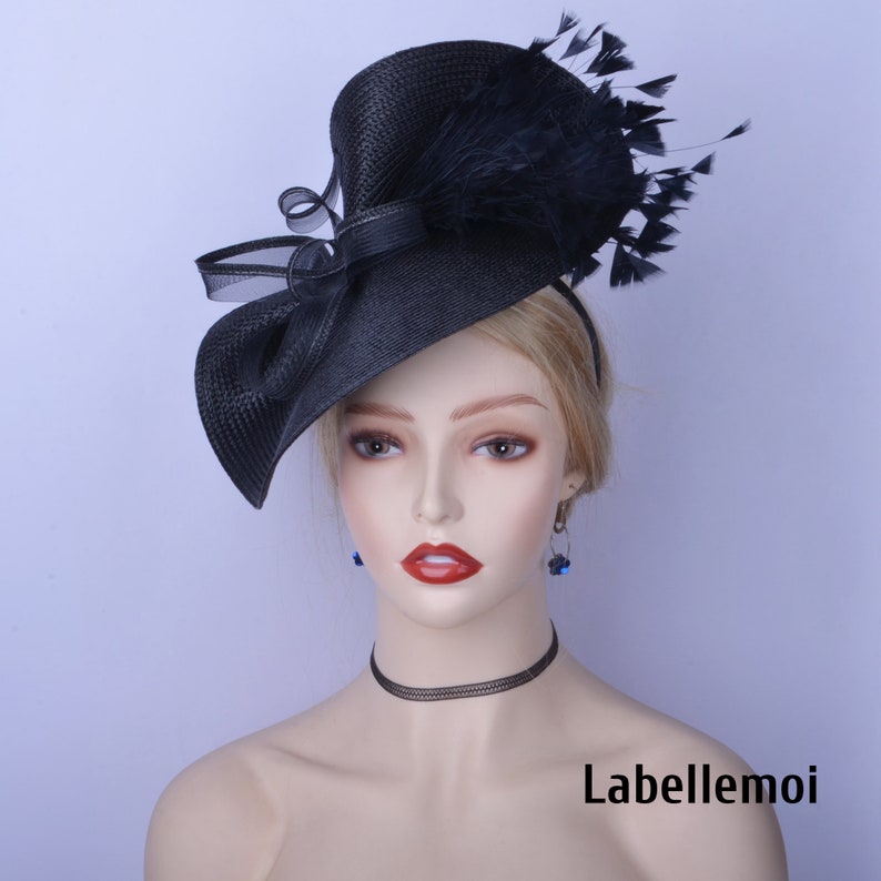 New Black Fascinator Big PP Straw Hatinator With Feathers - Etsy