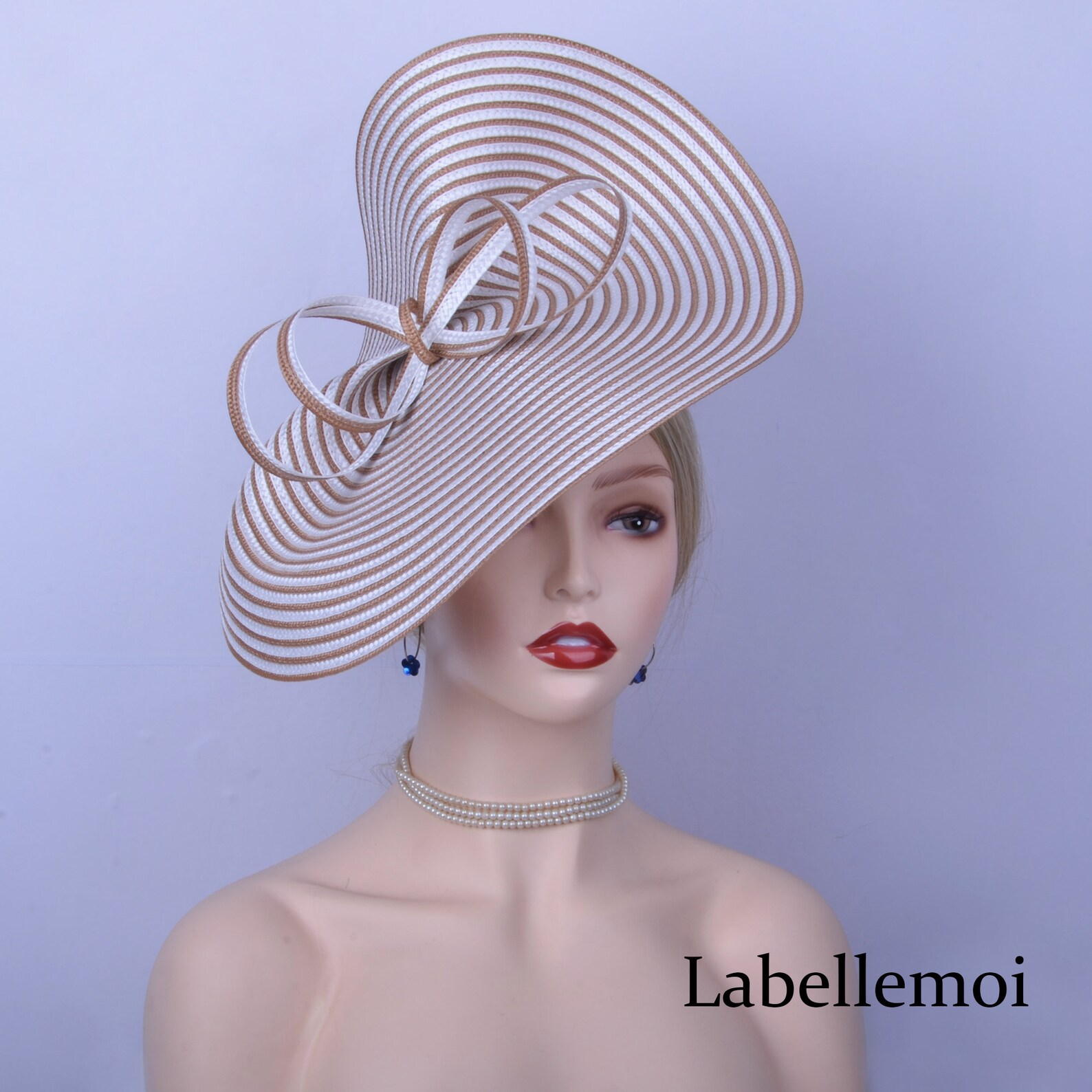 Exclusive White/taupe Brown Fascinator Stripe Large Camel - Etsy