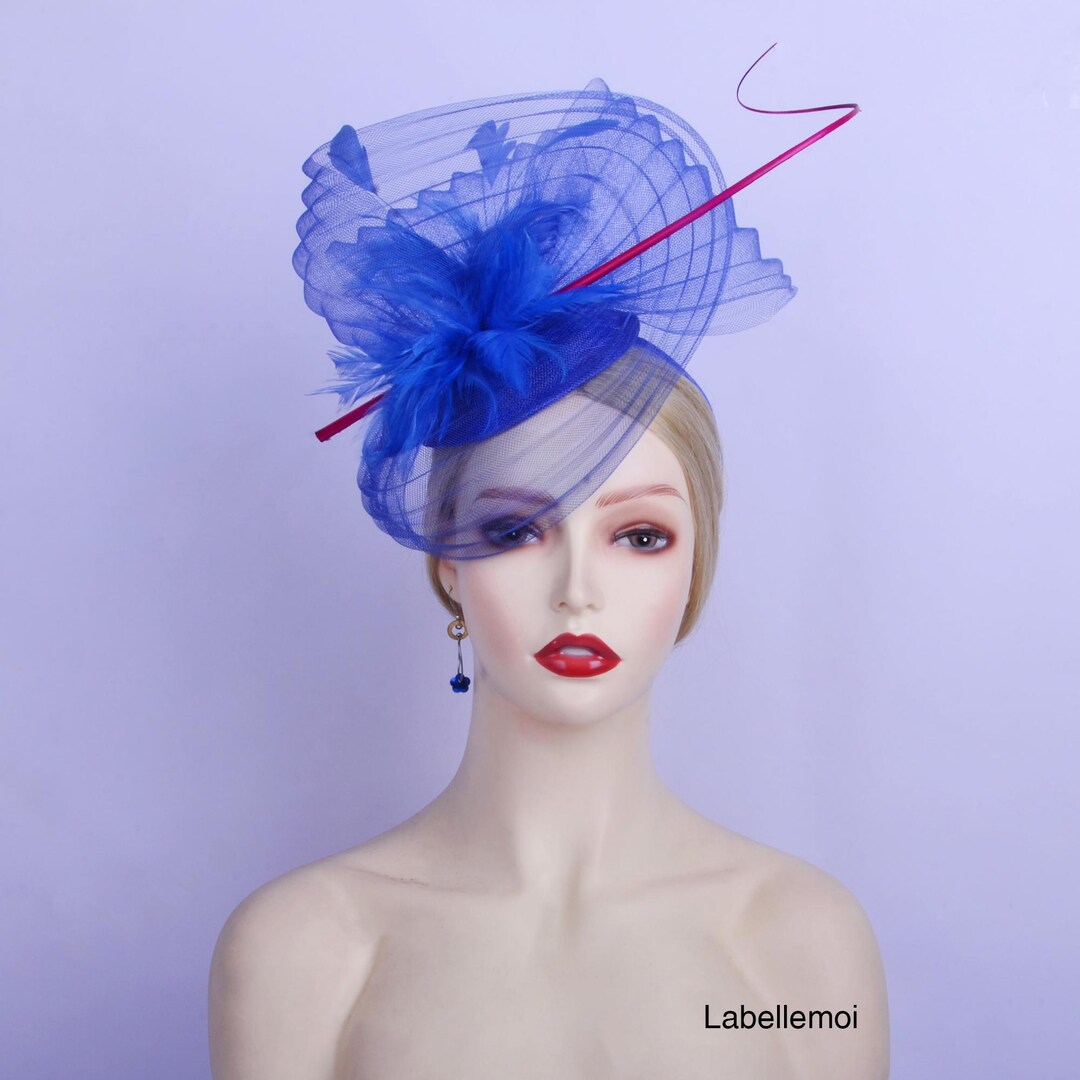 New Design Big Royal Blue/fuchsia Sinamay Crin Fascinator With Feathers ...