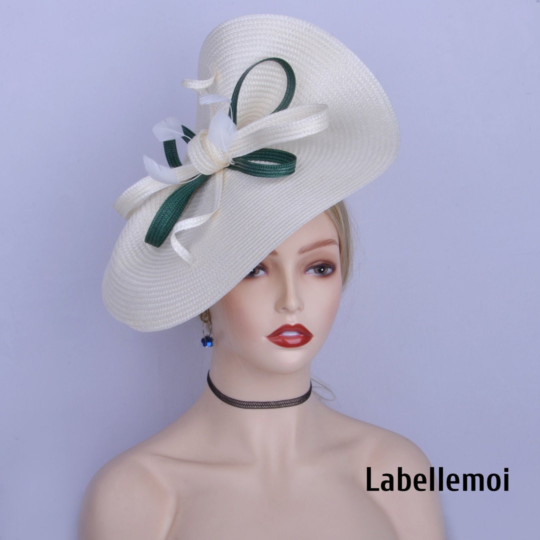 New Ivory Cream/emerald Green Fascinator Large Saucer Hatinator Church Derby Ascot Wedding Hat ...