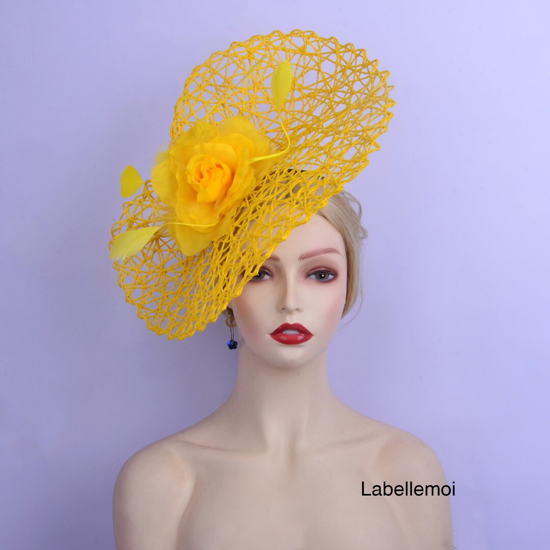 New Yellow Fascinator Hat Big Saucer Hatinator Woven Derby Hat Church ...