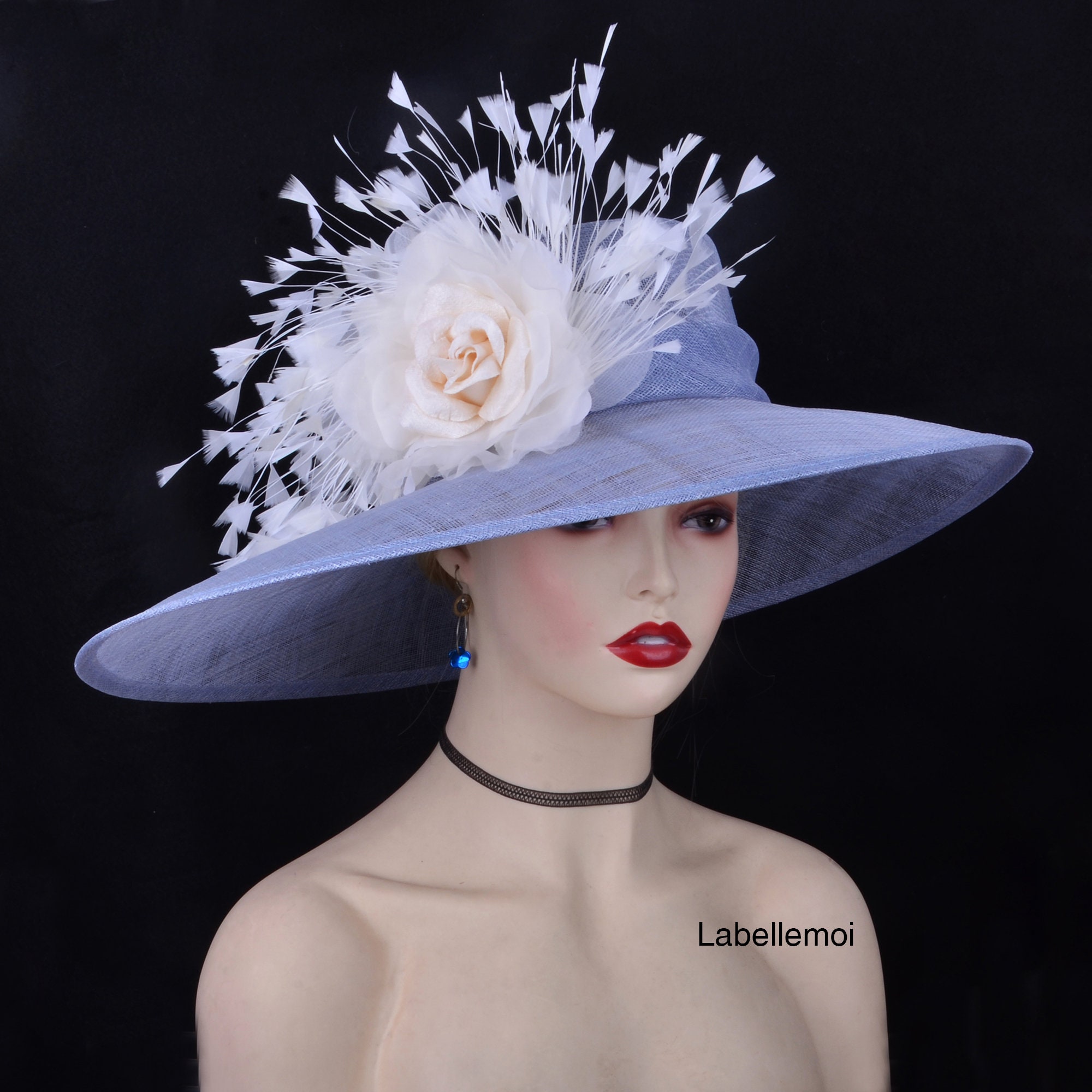 NEW Large Pale Blue Derby Hat Baby Blue Sinamay Hat Hatinator Church ...