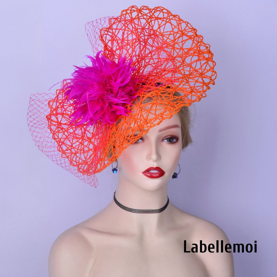 New Orange/fuchsia Fascinator Big Saucer Hatinator Veil Kentucky Derby ...