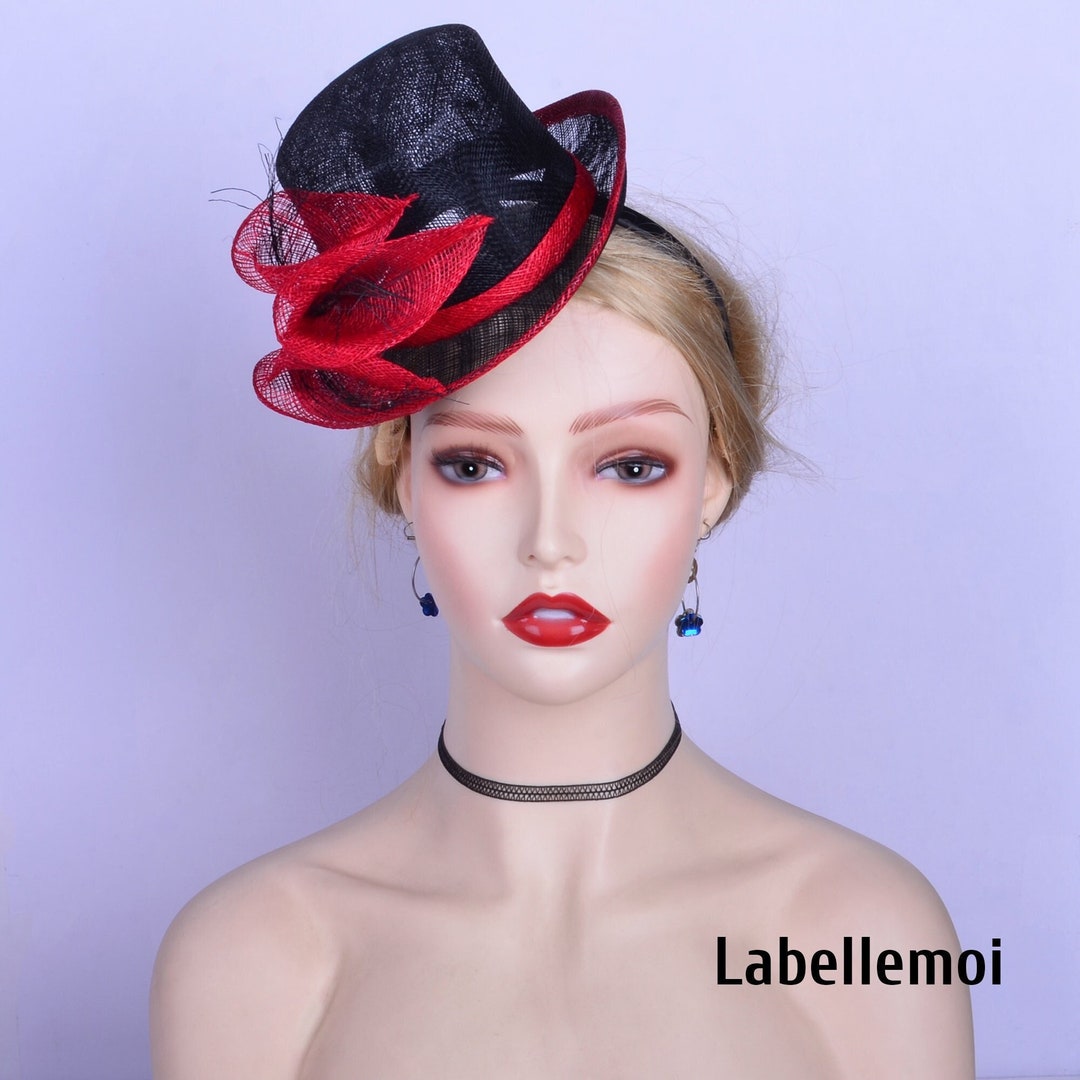 New Black/red Fascinator Mini Top Hat Kentucky Derby Hat Sinamay Base ...