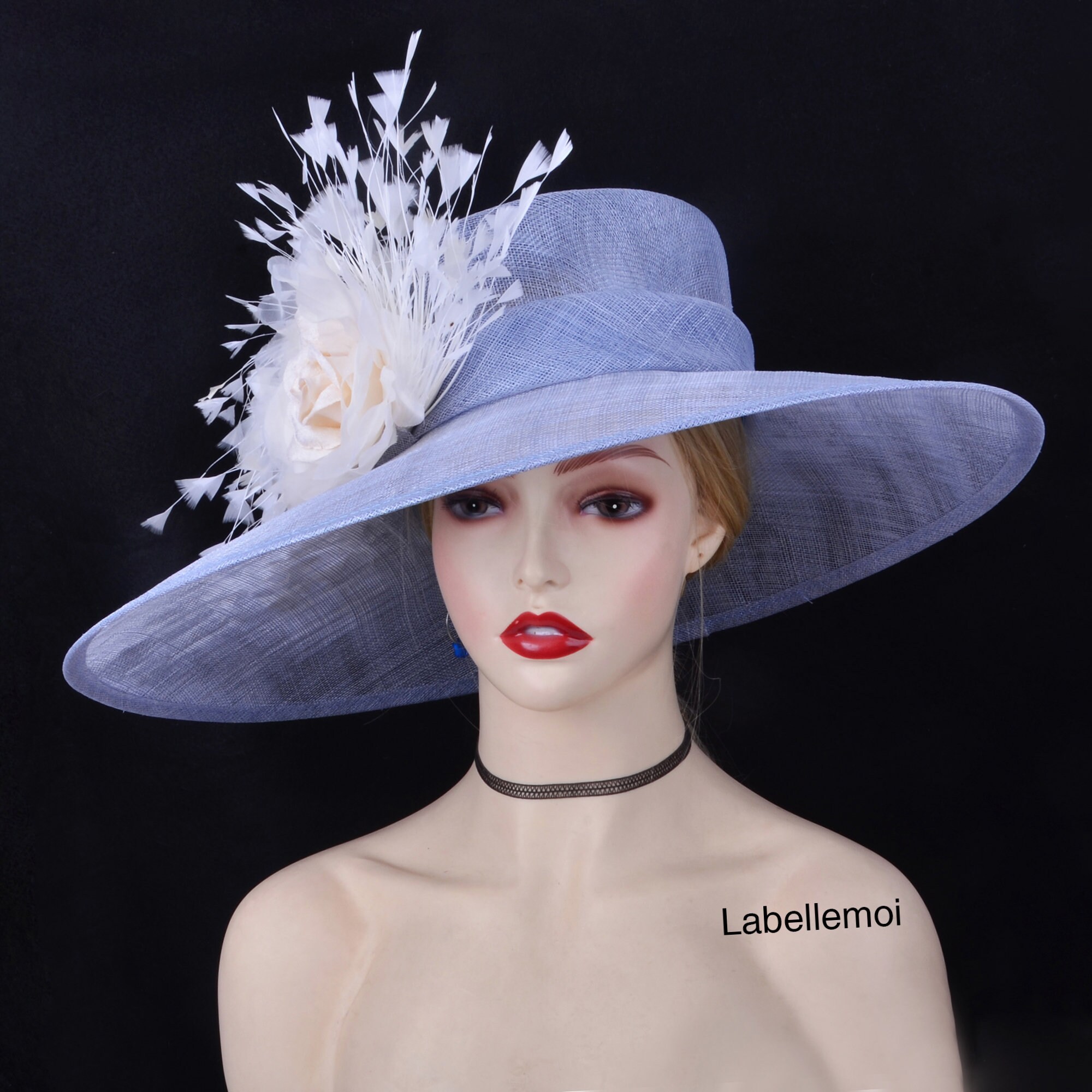 NEW Large Pale Blue Derby Hat Baby Blue Sinamay Hat Hatinator Church ...
