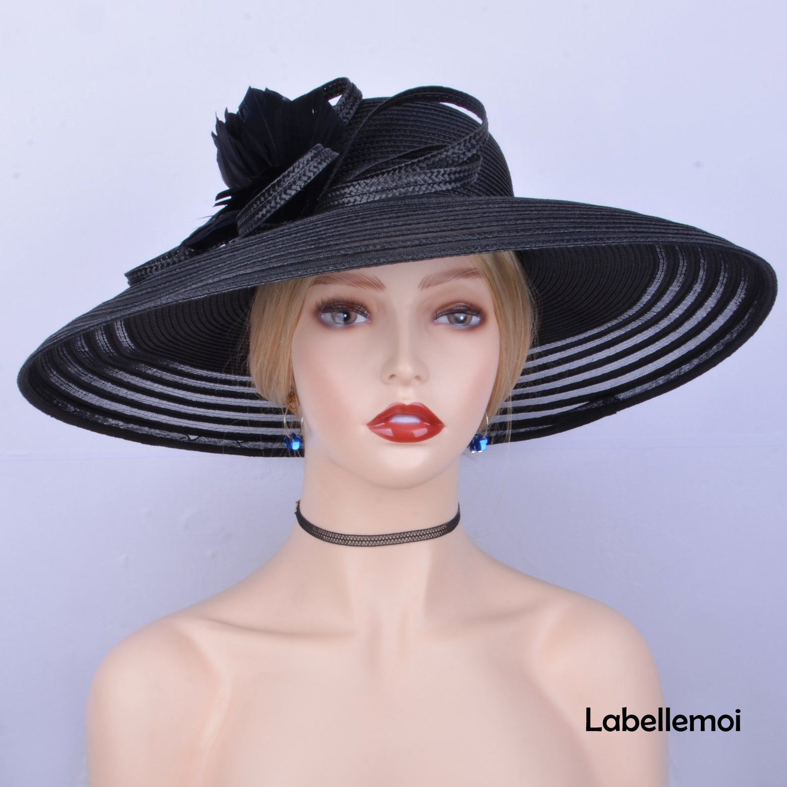 Extra Large Black Derby Hat, Feather Flower, Ascot Wedding Church Hat ...