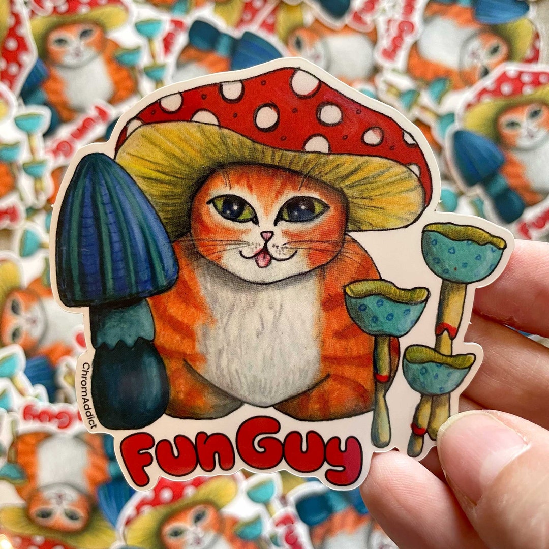 Fun Guy Orange Tabby Cat Sticker - Funny Cat Sticker, Cute Mushroom ...
