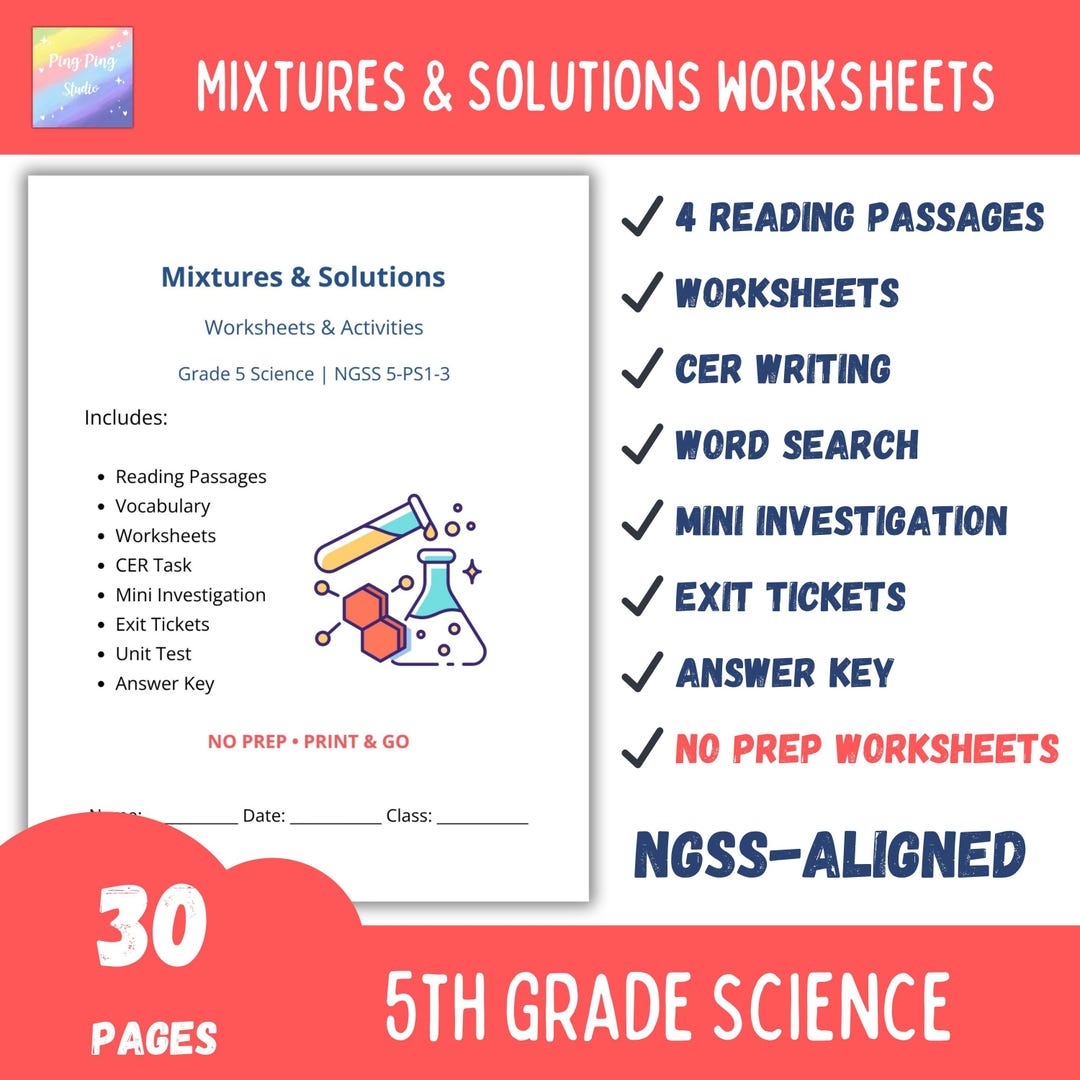 Mixtures and Solutions Worksheets 5th Grade Science NGSS Aligned ...