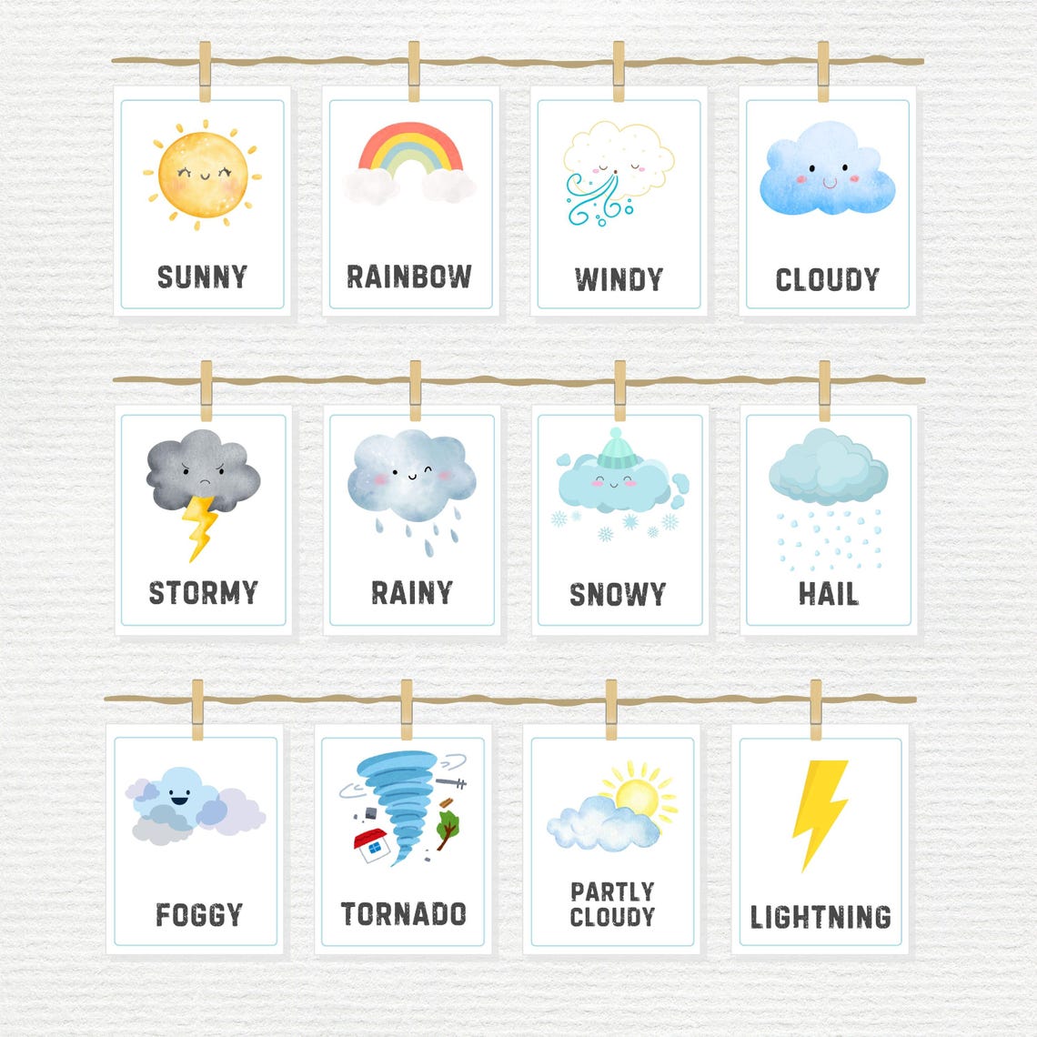 Weather Flashcards for Preschool: Watercolor Cards (printable PDF) - Etsy