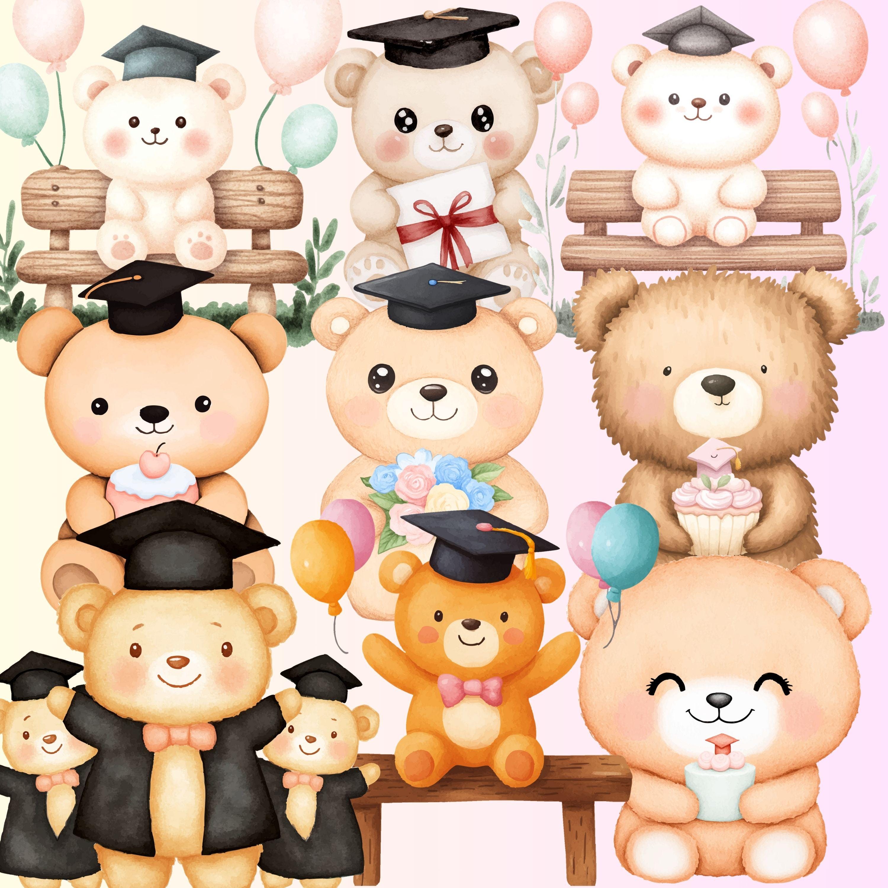 Watercolor Graduation Bears Clip Art: Diploma PNG Stickers (digital ...