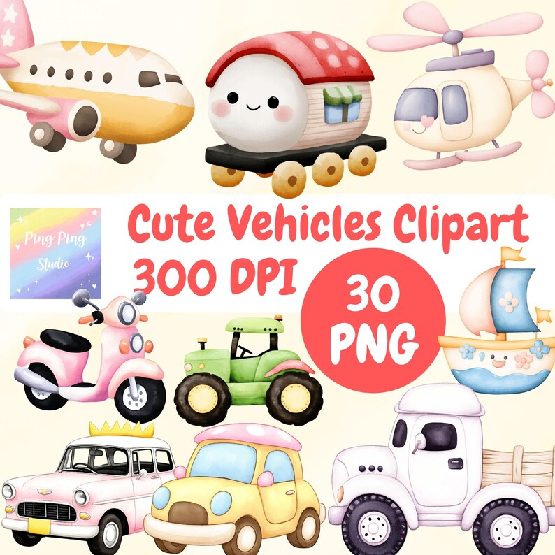 Cute Vehicle Clip Art, Adorable Vehicles Clipart, Hand-painted ...