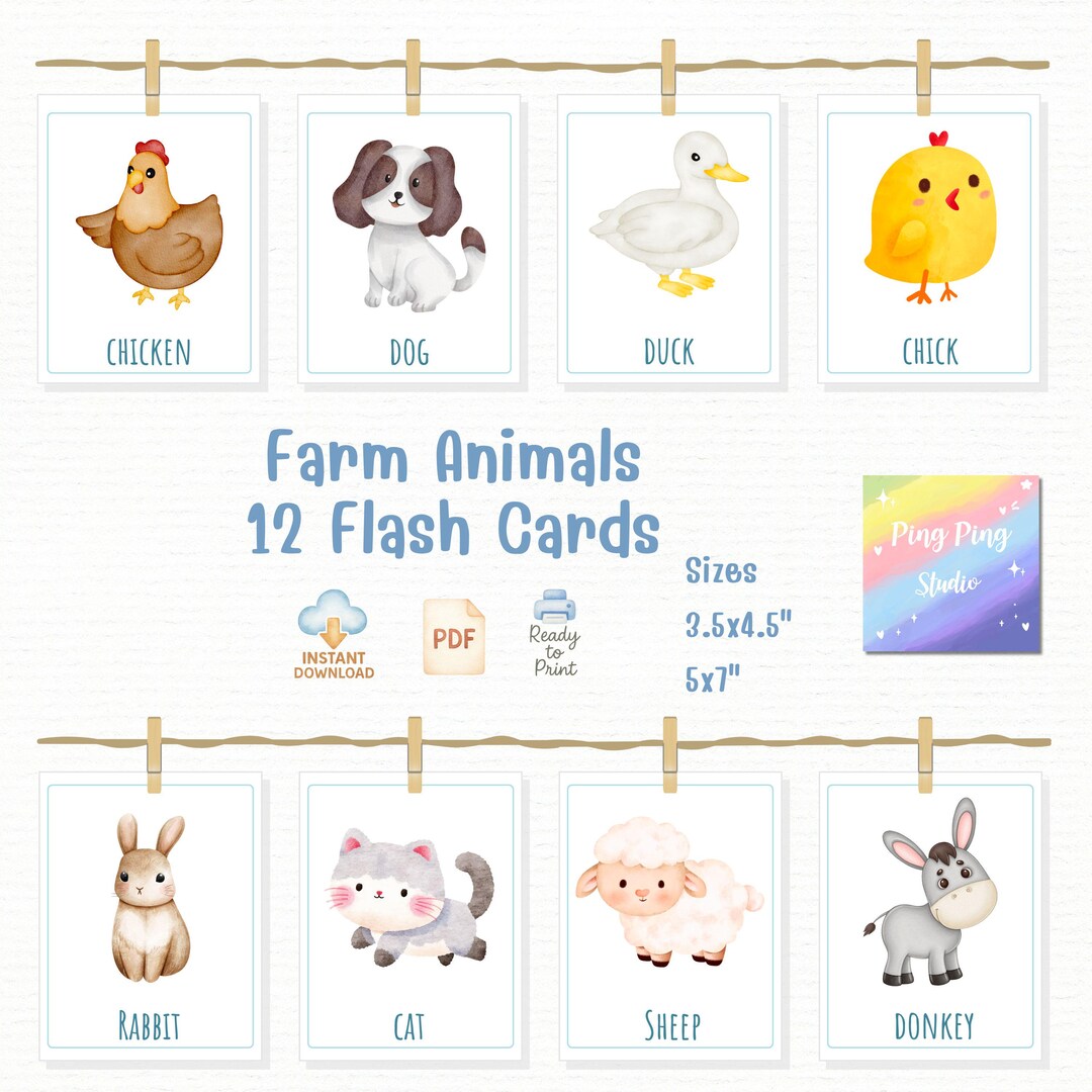 Watercolor Farm Animal Flash Cards: Montessori Learning Printable (PDF ...