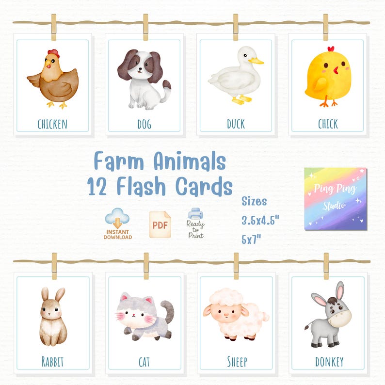 Farm Animal Flash Cards Printable for Kids - 12 Watercolor Farm Animals ...