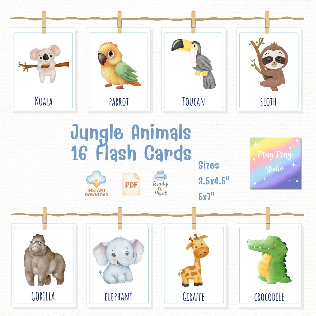 Jungle Animal Flash Cards Printable for Kids - 16 Watercolor Safari ...