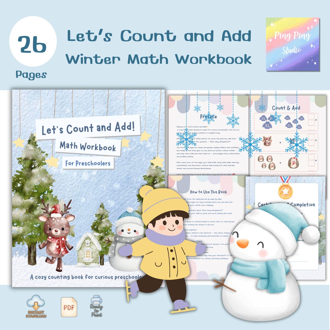 Winter Math Workbook for Preschoolers | Counting & Addition (PDF) - Etsy