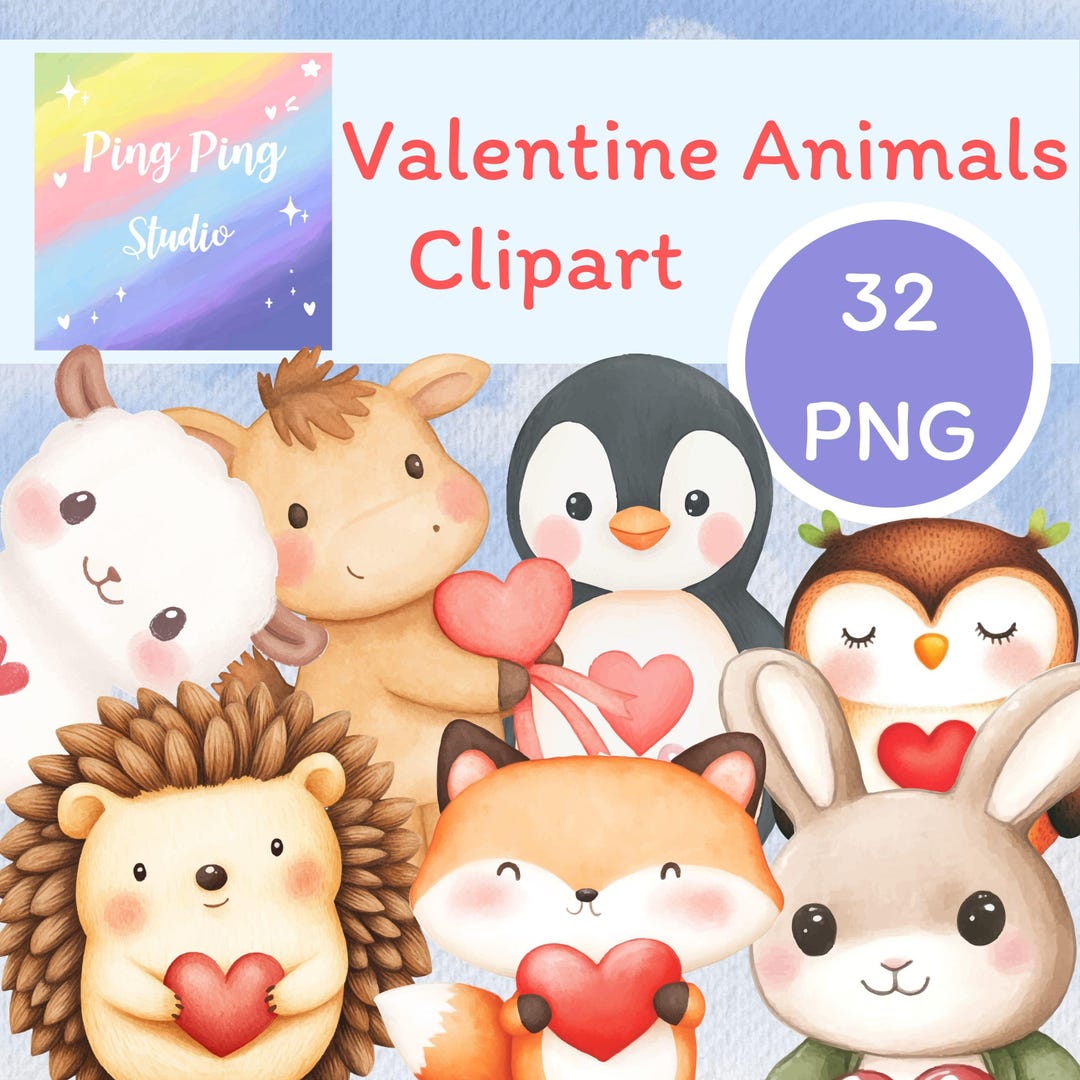 Valentine Animals Clipart, Cute Animal Stickers (32 PNG, PDF) - Etsy