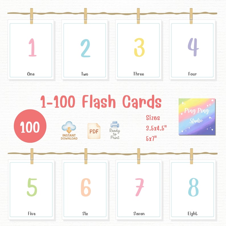 1-100 Number Flash Cards for Kids – Pastel Printable PDF, Montessori ...
