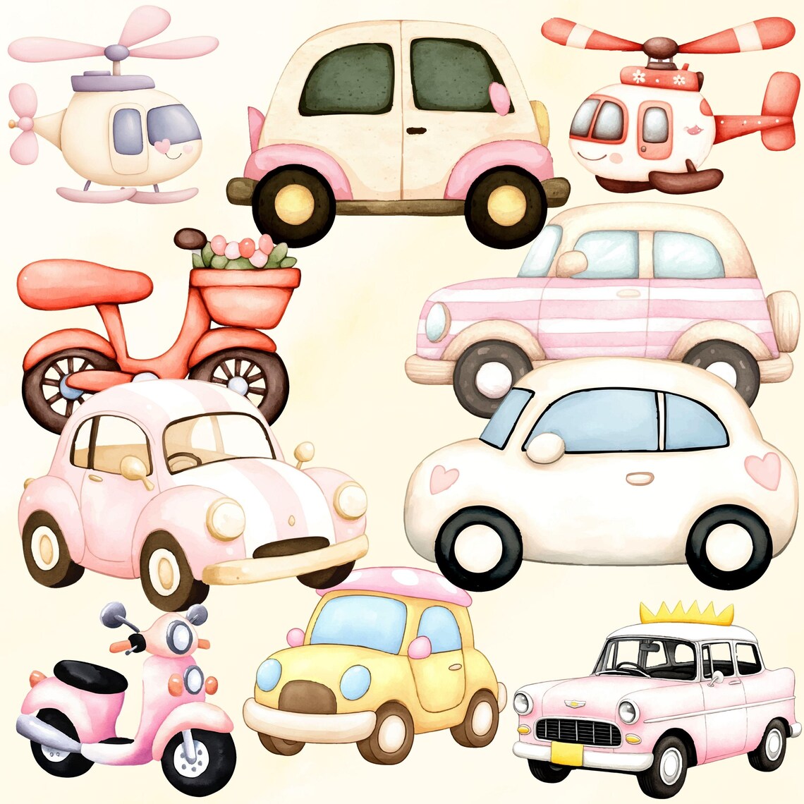 Cute Vehicle Clip Art, Adorable Vehicles Clipart, Hand-painted ...