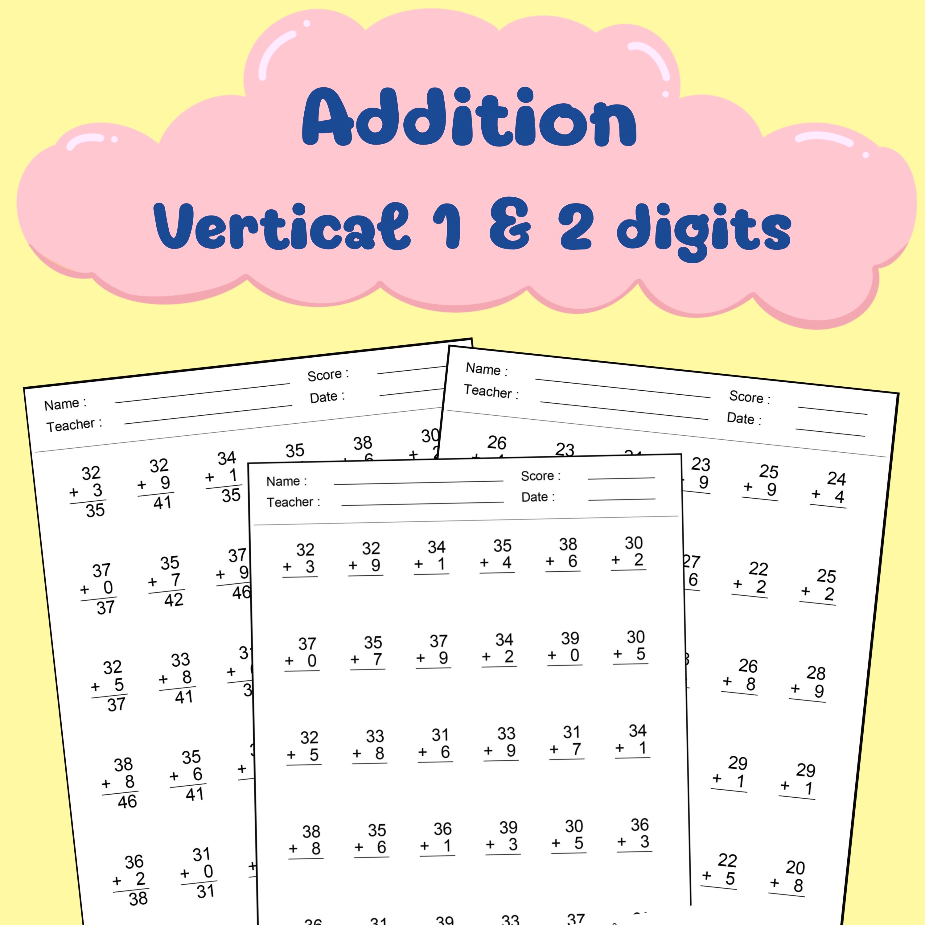 1&2 Digits Addition Worksheets / Math for Children - Etsy