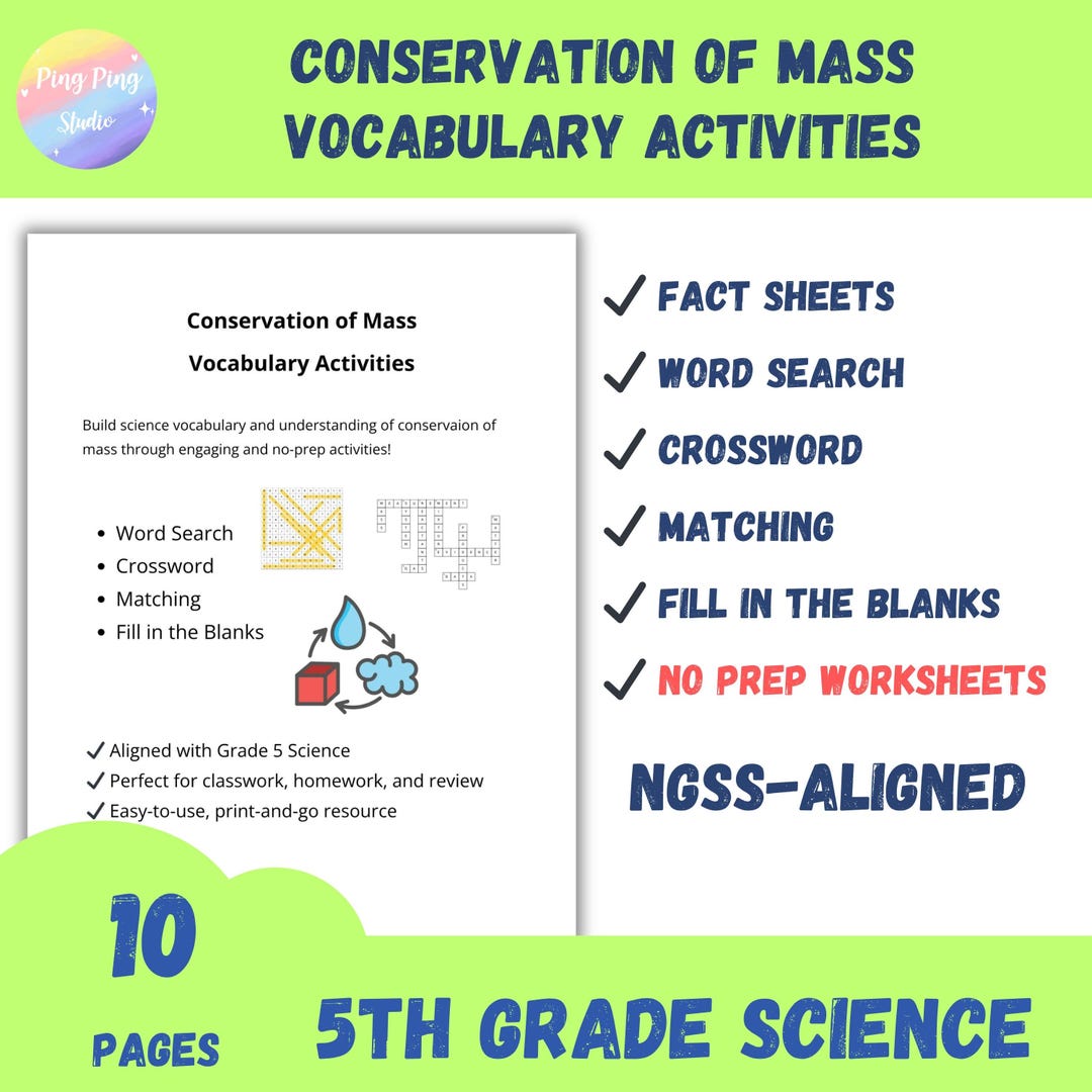 Conservation of Mass Worksheets | 5th Grade Science Vocabulary ...