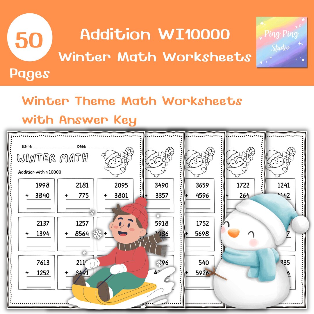 Winter Addition Worksheets | Grades 4-5 Math Practice (digital Download ...
