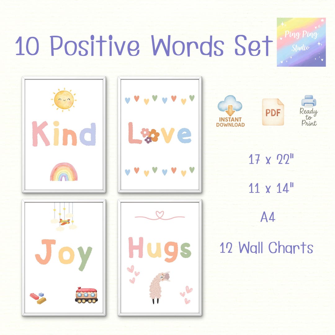 Positive Words Poster Set: Pastel Watercolor Kids Room Decor (PDF) - Etsy