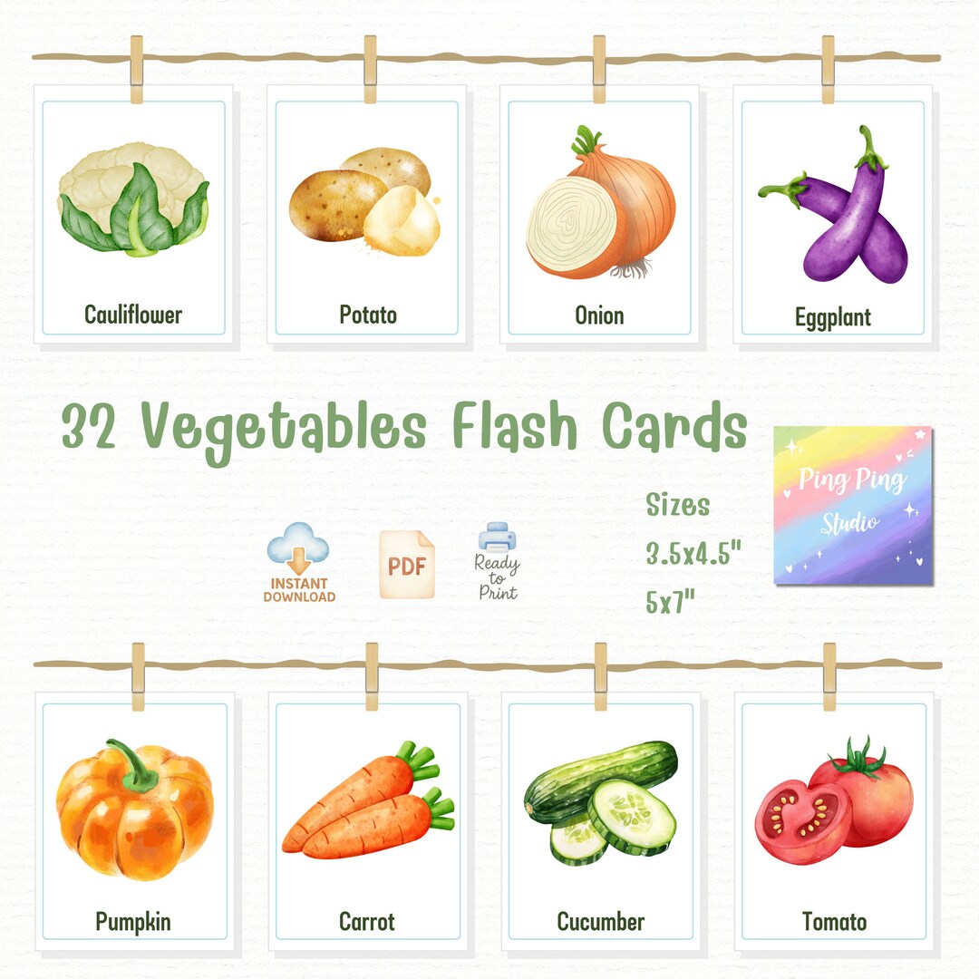 32 Vegetables Flash Cards for Kids – Watercolor Printable Set, Farm to ...