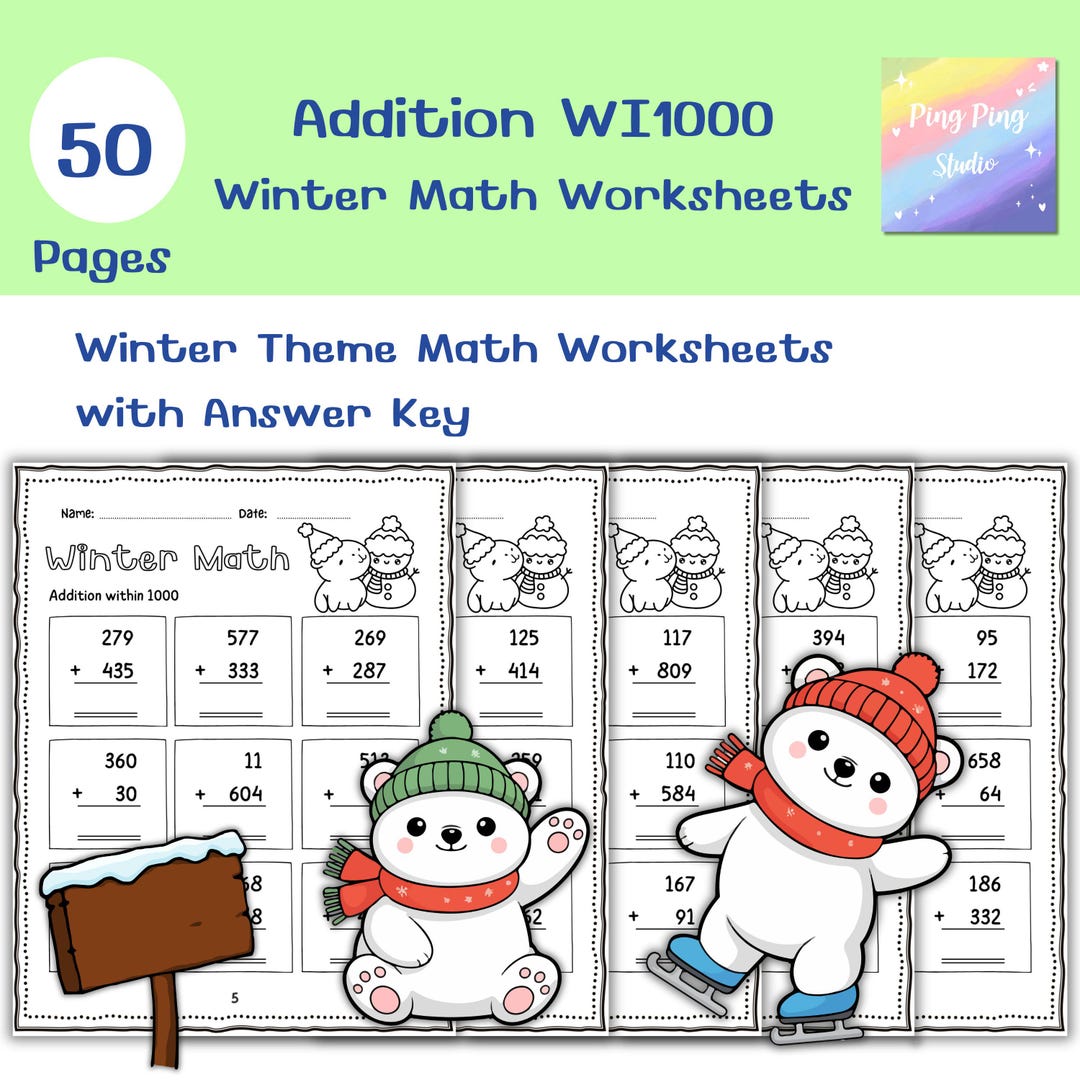 Winter Math Addition Worksheets | Grade 3 Coloring Activities (PDF) - Etsy