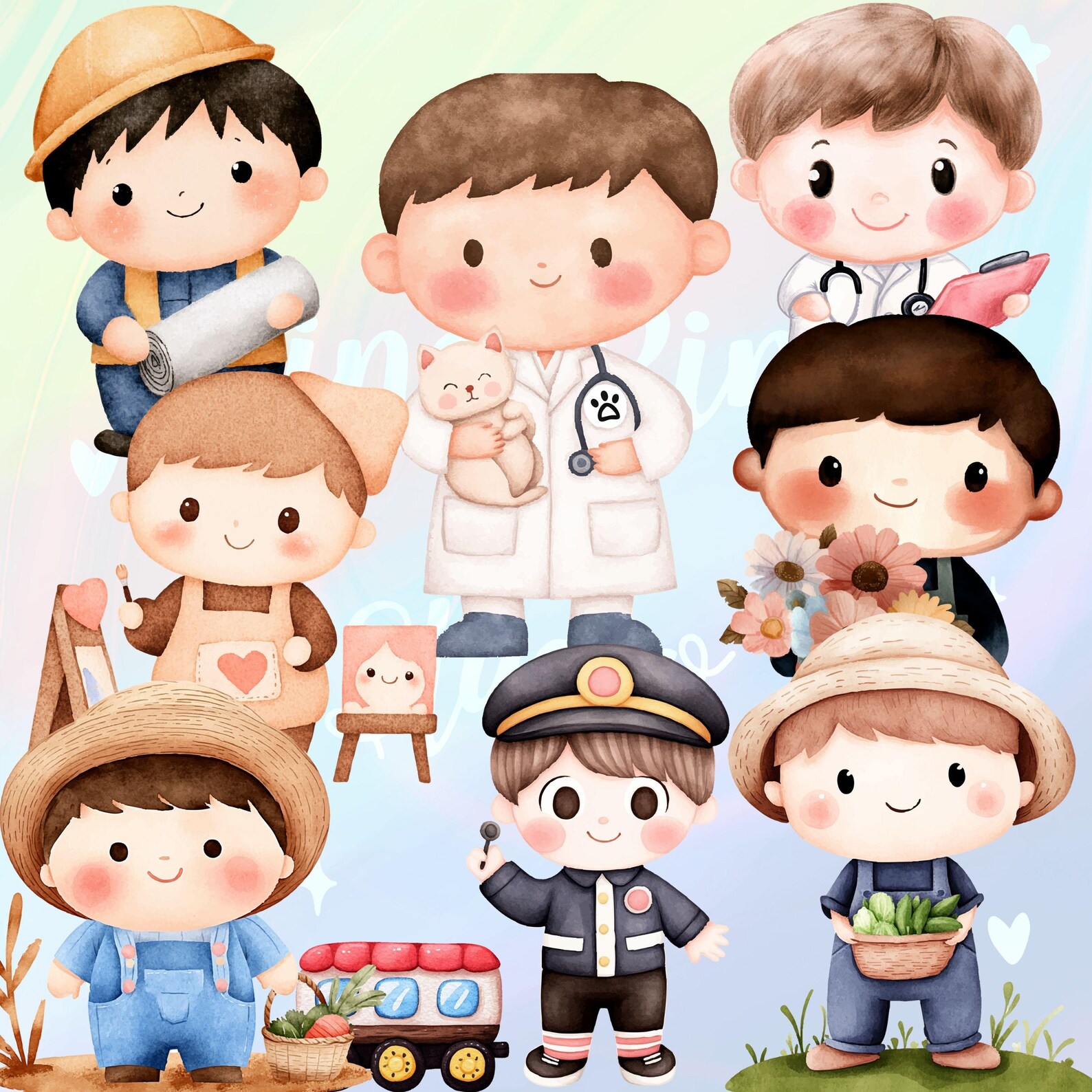 Boys Careers Clip Art, Watercolor Cartoon Clipart, Doctor Clipart ...
