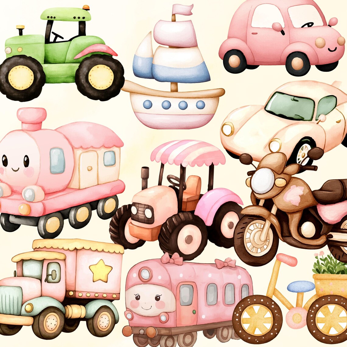 Cute Vehicle Clip Art, Adorable Vehicles Clipart, Hand-painted ...