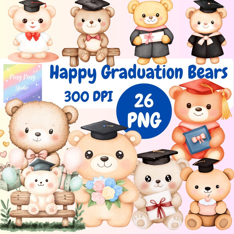 Watercolor Graduation Bears Clip Art: Diploma PNG Stickers (digital ...